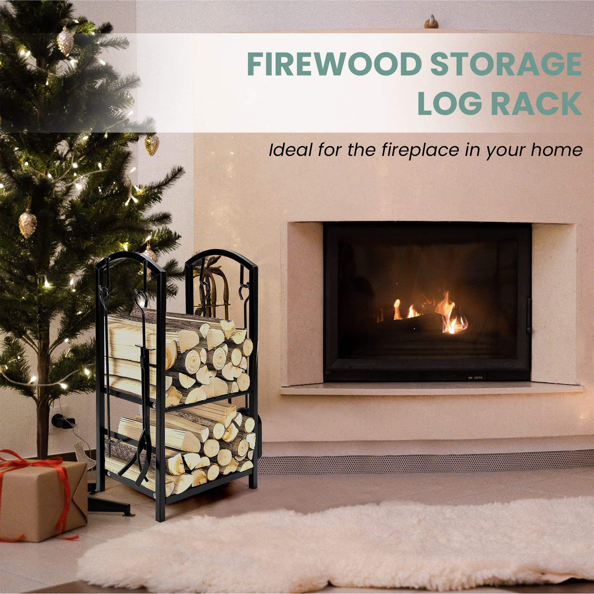 HECASA 29" Firewood Log Rack with 4 Fire Place Tools Fireplace Tool Rack Indoor Outer Wood Holders Firewood Storage Rack with Poker Hook Shovel Duster