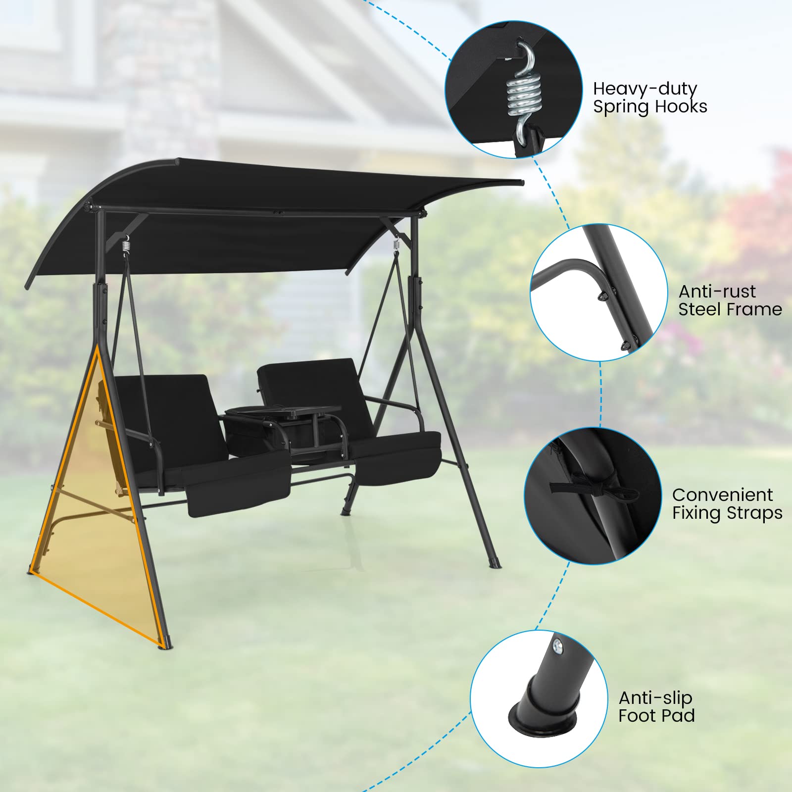 Tangkula 2 Person Porch Swing, Outdoor Swing with Pivot Storage Table, Cooler Bag, 2 Cup Holders, Removable Cushions, Patio Swing with Canopy for Backyard Balcony Poolside (Black)