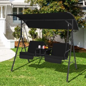 Tangkula 2 Person Porch Swing, Outdoor Swing with Pivot Storage Table, Cooler Bag, 2 Cup Holders, Removable Cushions, Patio Swing with Canopy for Backyard Balcony Poolside (Black)