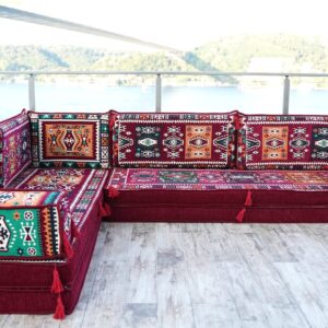 Maroon L Shaped Floor Couch, Sectional Sofa Set, Floor Pillow, Arabic Majlis, Moroccan Livingroom Cushion, 4" Thickness Corner Floor Seating Set (L Sofa Only, 8'' Thickness (20 cm))