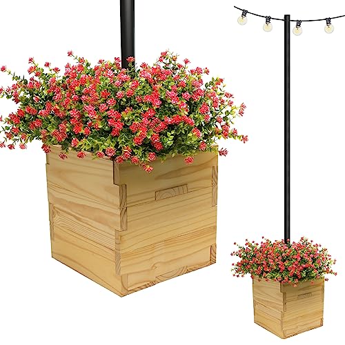 Large Decorative Wooden Planter with Universal Pole Support for String Light Poles, Umbrellas, Bird Feeders. Solid Wood Outdoor Garden Patio Box for Plants or Flowers, 14"x14"x14", Natural