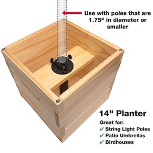 Large Decorative Wooden Planter with Universal Pole Support for String Light Poles, Umbrellas, Bird Feeders. Solid Wood Outdoor Garden Patio Box for Plants or Flowers, 14"x14"x14", Natural