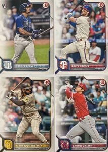 2022 bowman baseball series complete mint 100 card base set made by topps with rookies and stars including wander franco, mike trout and aaron judge plus