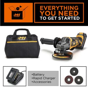 MOTORHEAD 20V ULTRA 4-1/2" inch Cordless Angle Grinder, Lithium-Ion, 10000RPM, 3 Position Handle, Paddle Switch, 2Ah Battery, (3) Cutting, Grinding & Polishing Wheels, USA-Based (MH-03-AG-B1-0-2)