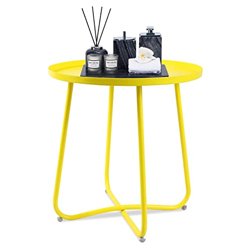 Babion Outdoor Side Tables, Small Round Metal Side Table, Weatherproof Metal End Table for Patio, Yard Balcony, Garden, Porch, Bedside (Yellow)