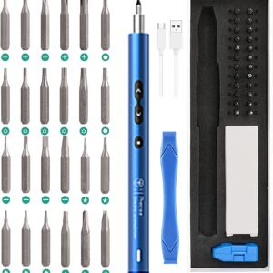 AMIR Electric Screwdriver for PC Building, 28 IN 1 Small Power Automatic Screwdriver Set with 24 Bits, Rechargeable Portable Magnetic Repair Tool Kit with LED Lights for Laptops, Watches, Blue