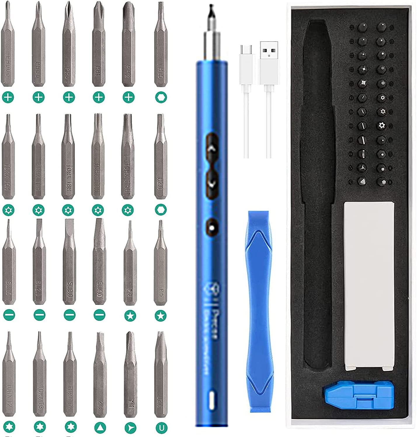 AMIR Electric Screwdriver for PC Building, 28 IN 1 Small Power Automatic Screwdriver Set with 24 Bits, Rechargeable Portable Magnetic Repair Tool Kit with LED Lights for Laptops, Watches, Blue