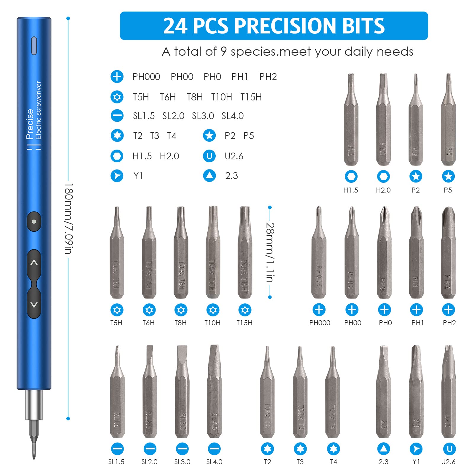 AMIR Electric Screwdriver for PC Building, 28 IN 1 Small Power Automatic Screwdriver Set with 24 Bits, Rechargeable Portable Magnetic Repair Tool Kit with LED Lights for Laptops, Watches, Blue