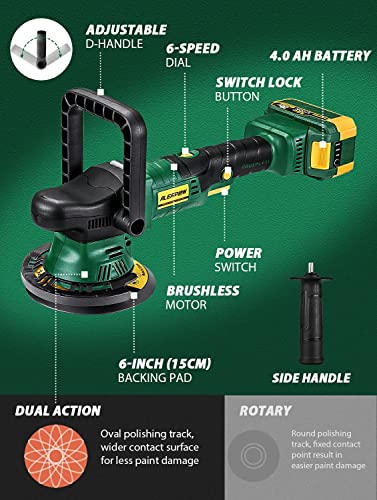 ALEAPOW P10 Cordless Buffer Polisher, 20V Brushless Car Polisher, 4.0Ah Battery, 6 Speed 2000-5500 RPM, Dual Action, D-Handle, Side Handle, Charger, with 4 Pads for Car Polishing, Waxing