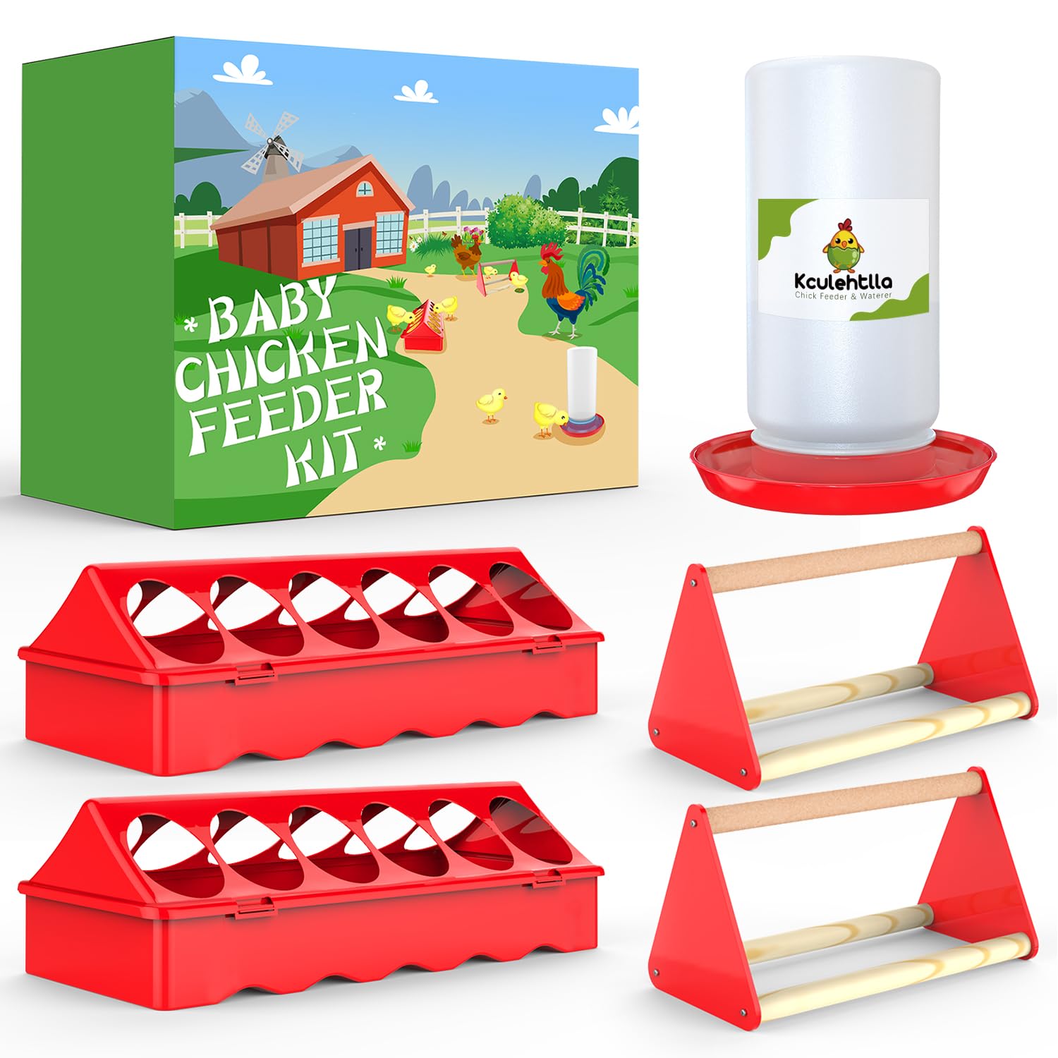 Kculehtlla Chick Feeder and Waterer Kit - Baby Chicken Supplies with Chicks Perch, Plastic Feeder Trough and 1.2L Waterer, Chicken Starter Kit for Coop and Brooder for Small Poultry Ducks Quail