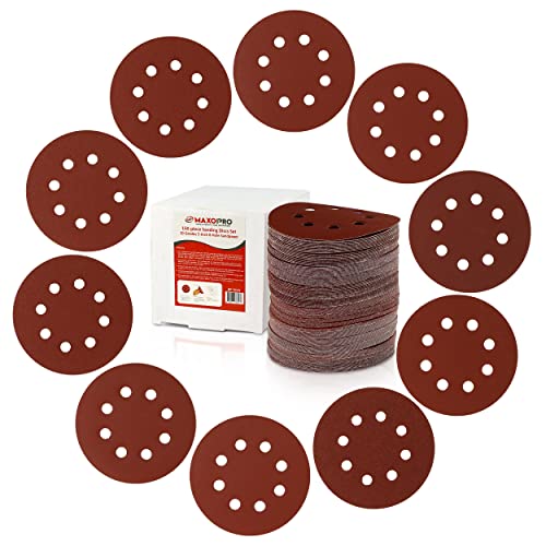 5 Inch Sanding Discs Hook and Loop - 150 Pcs 8-Holes Orbital Sandpaper Includes - 60/80/100/120/150/180/240/320/400/600 Assorted - Dustless and Anti-Clogging - by MaxoPro