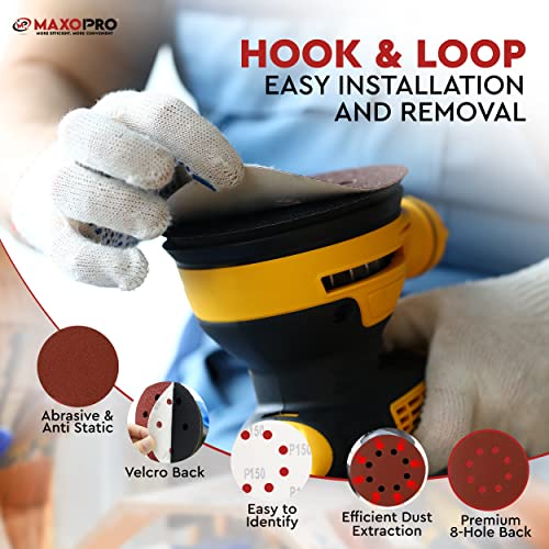 5 Inch Sanding Discs Hook and Loop - 150 Pcs 8-Holes Orbital Sandpaper Includes - 60/80/100/120/150/180/240/320/400/600 Assorted - Dustless and Anti-Clogging - by MaxoPro