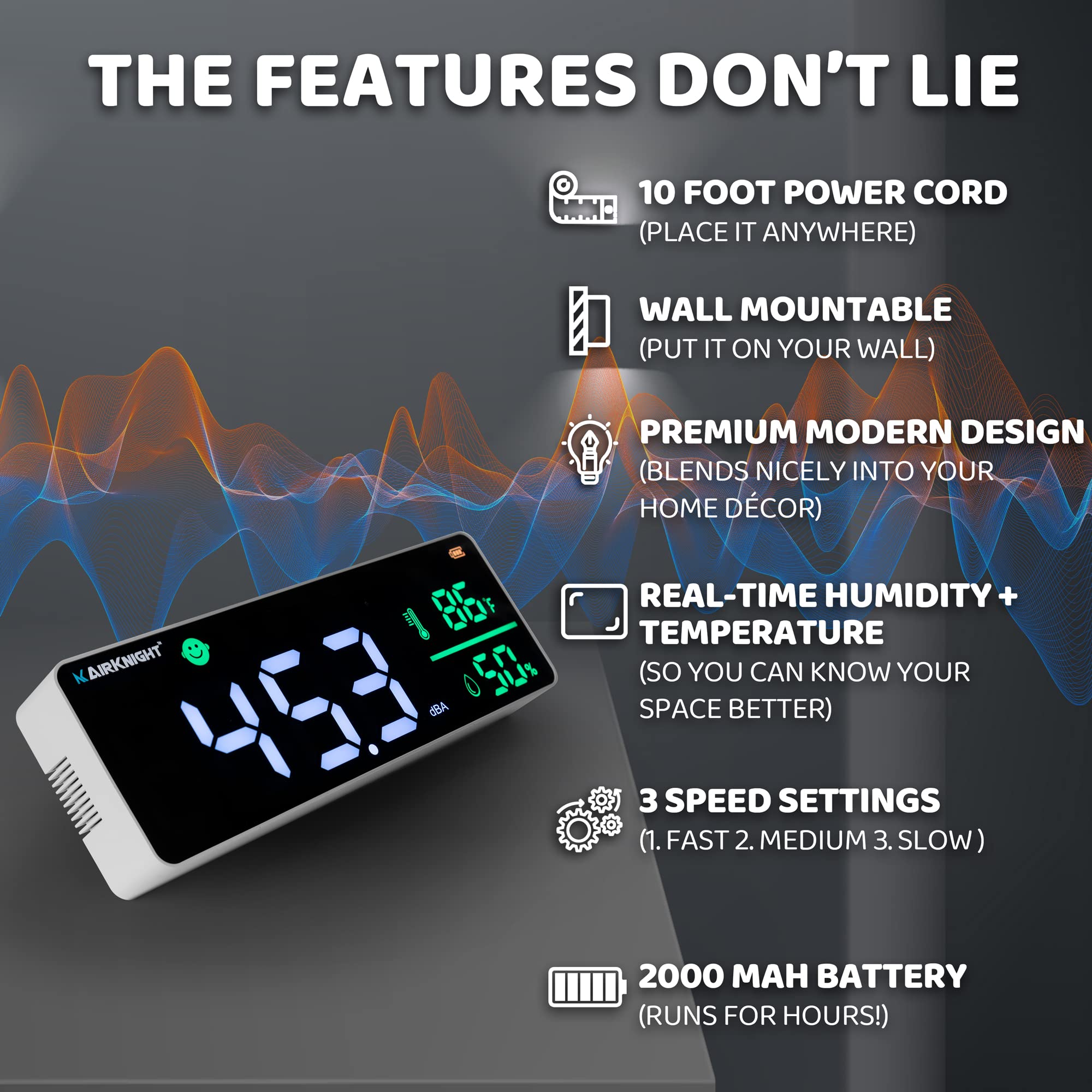 AirKnight 3-in-1 Decibel Meter Sound Level Reader + Humidity & Temperature. Classroom Noise Meter, Sound Meter, SPL Meter & DB Meter Wall Mounted. Sound Level Meter, Decibel Reader Noise Decibel Meter