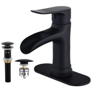 waterfall bathroom faucet matte black single hole one handle for vessel sink with brass pop up drain by yodel faucet