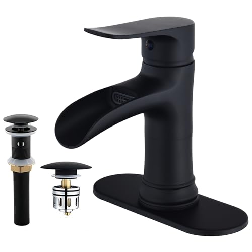 Waterfall Bathroom Faucet Matte Black Single Hole One Handle for Vessel Sink with Brass Pop Up Drain by Yodel Faucet