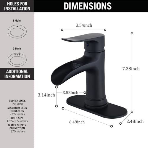 Waterfall Bathroom Faucet Matte Black Single Hole One Handle for Vessel Sink with Brass Pop Up Drain by Yodel Faucet