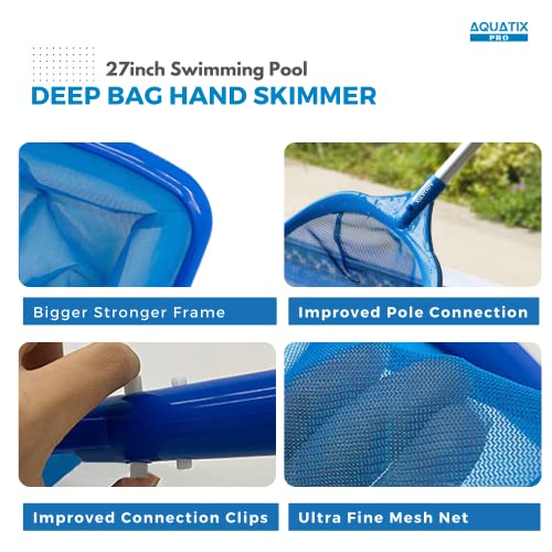 Aquatix Pro Hand Leaf Skimmer for Spa, Hot Tub & Pool with 12” Aluminum Pole, Fine Mesh Deep Bag Net, Suitable for Above Ground Swimming Pools, Kids Inflatables & Ponds, Remove Leaves & Debris Fast