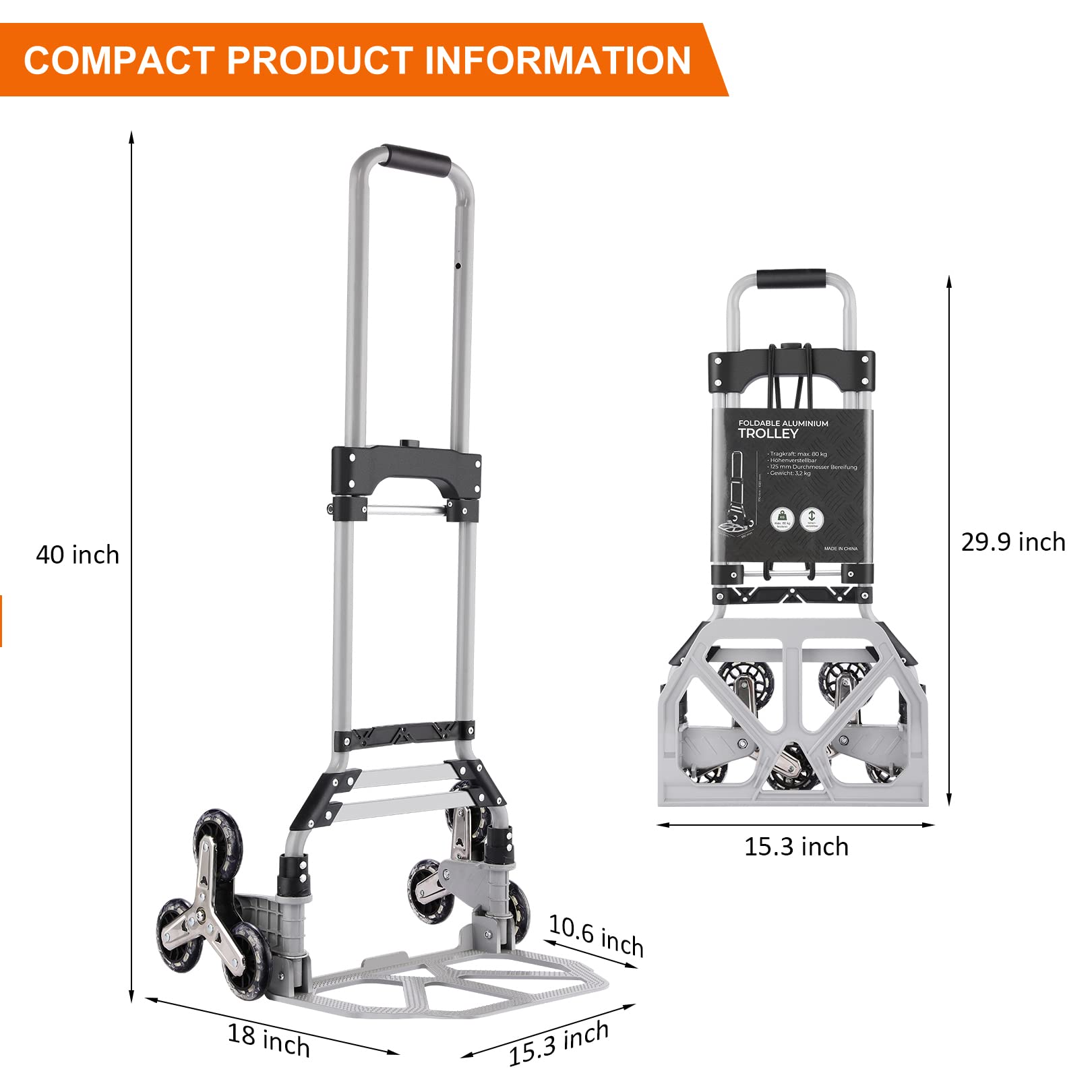 Stair Climbing Hand Truck,Heavy-Duty Hand Cart with Telescoping Handle,165 LB Load Capacity,6-Wheel Folding Cart for Moving and Office Use (Upgrade 6 Wheel)