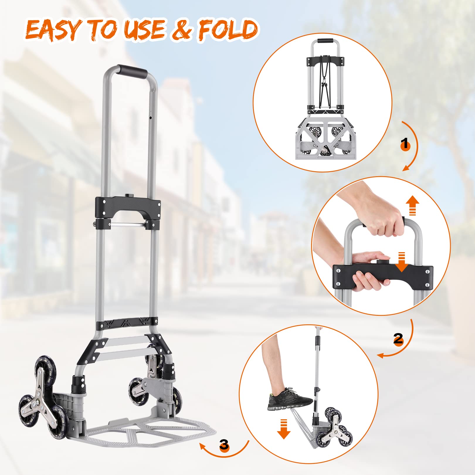 Stair Climbing Hand Truck,Heavy-Duty Hand Cart with Telescoping Handle,165 LB Load Capacity,6-Wheel Folding Cart for Moving and Office Use (Upgrade 6 Wheel)