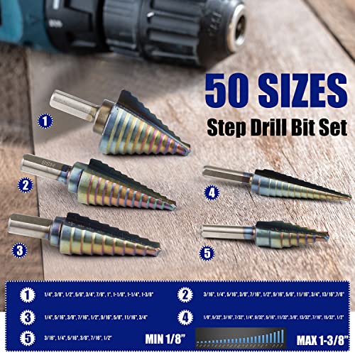 Lichamp Step Drill Bit Set for Metal Sheet Heavy Duty, 5-Piece HSS Step Up Down Drill Bits Stepper Unibit for Steel Hole, 50 Sizes from 1/8 to 1-3/8 inches, B105RD