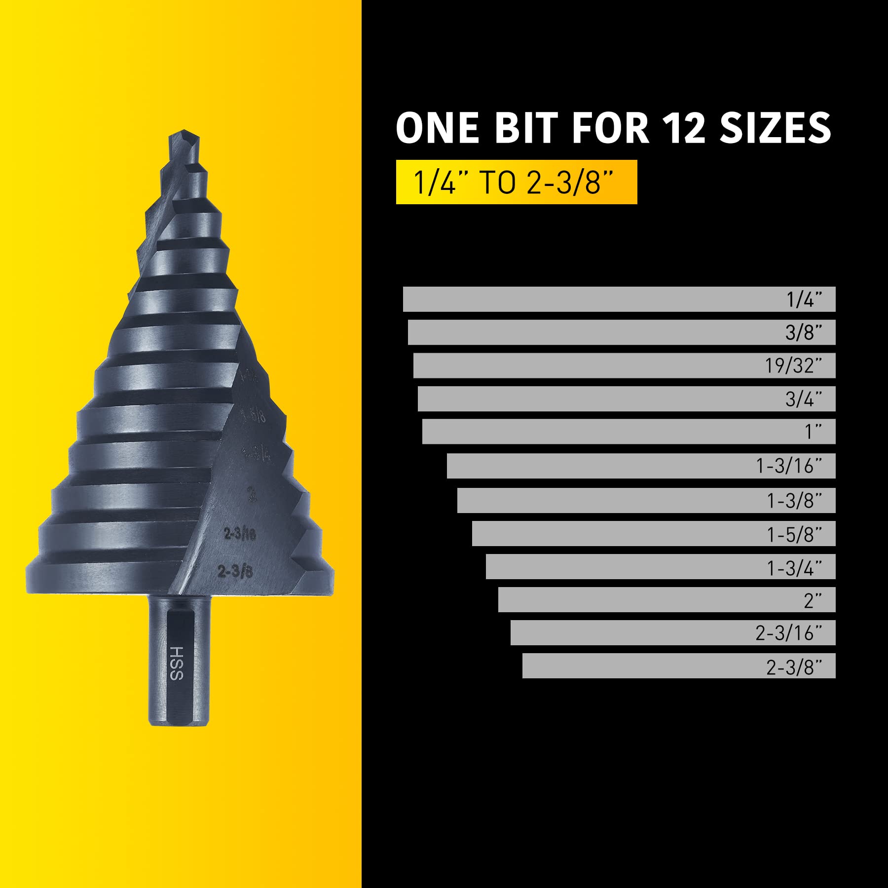 Anfrere 12 Sizes Step Drill Bit, 1/4 to 2-3/8 inch Black High Speed Steel Drill Cone Bits for Sheet Metal Hole Drilling Cutting, Sprial Unibit Extra Large 2-3/8 inch