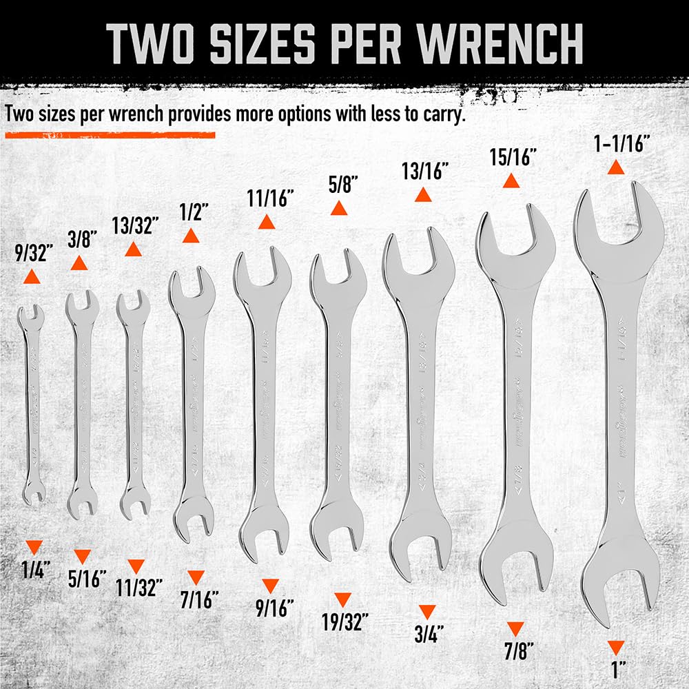 HORUSDY 19-Piece Super-Thin Open End Wrench Set with Rolling Pouch, CR-V Steel SAE & Metric, 1/4" to 1-1/16" and 5.5mm to 27mm Slim Spanner Wrench Set