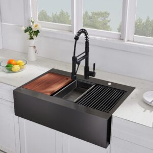 UFaucet 33x22 Inch Black Drop In Farmhouse Sink, 33 Inch Gunmetal Black Top Mount Farmhouse Kitchen Sink Single Bowl Topmount Apron Front Farm Sink Workstation Stainless Steel Sink