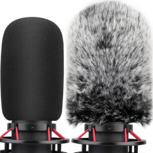 pop filter for hyperx quadcast s, mic foam cover+furry wind muff compatible with hyperx quadcast s microphone pop filter windscreen cover for indoor/outdoor use,combo 2pack