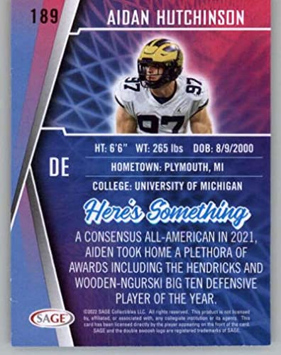 2022 Sage High Series Silver #189 Aidan Hutchinson Michigan RC Rookie Football Trading Card