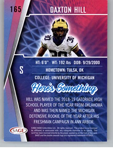 2022 Sage High Series #165 Daxton Hill Michigan RC Rookie Football Trading Card