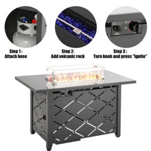 43 in Propane Fire Pit Table,Fire Pit Table with Glass Wind Guard,60,000 BTU Auto-Ignition Gas Fire Pit,CSA Certification and New Black Tempered Glass Tabletop ,for Outdoor, Patio