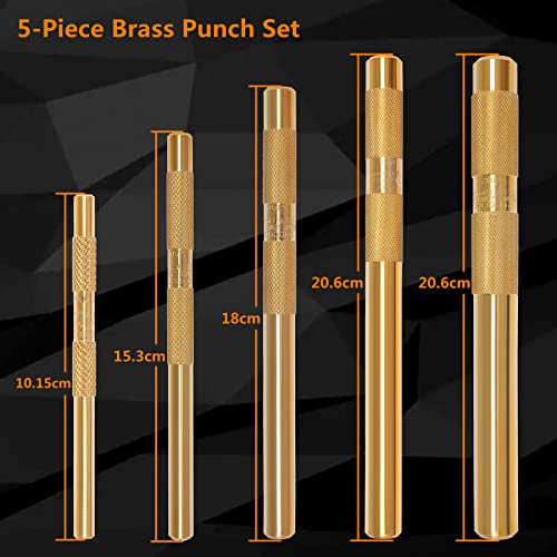 Brass Drift Punch Tool Set 5 Piece with 1/4 Inch, 3/8 Inch, 1/2 Inch, 5/8 Inch, 3/4 Inch Drift Punches