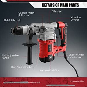 SILVEL 1-1/4 Inch SDS-Plus Hammer Drill, 13 Amp 1500W Rotary Hammer Drill, Heavy Duty Drill with 4 Functions, Demolition Hammer with 3 Drill Bits, Flat Chisels, Point Chisels