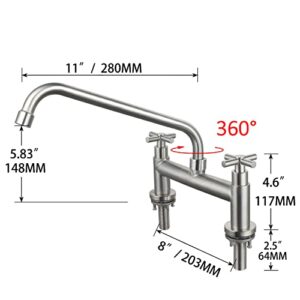 UMANYI Commercial Kitchen Faucet 8 Inch Center Stainless Steel Brushed Nickel Deck Mount Bridge Faucet 2 Hole 2 Handle Restaurant Laundry Utility Faucet, 11 Inch Spout SSKF10-3C