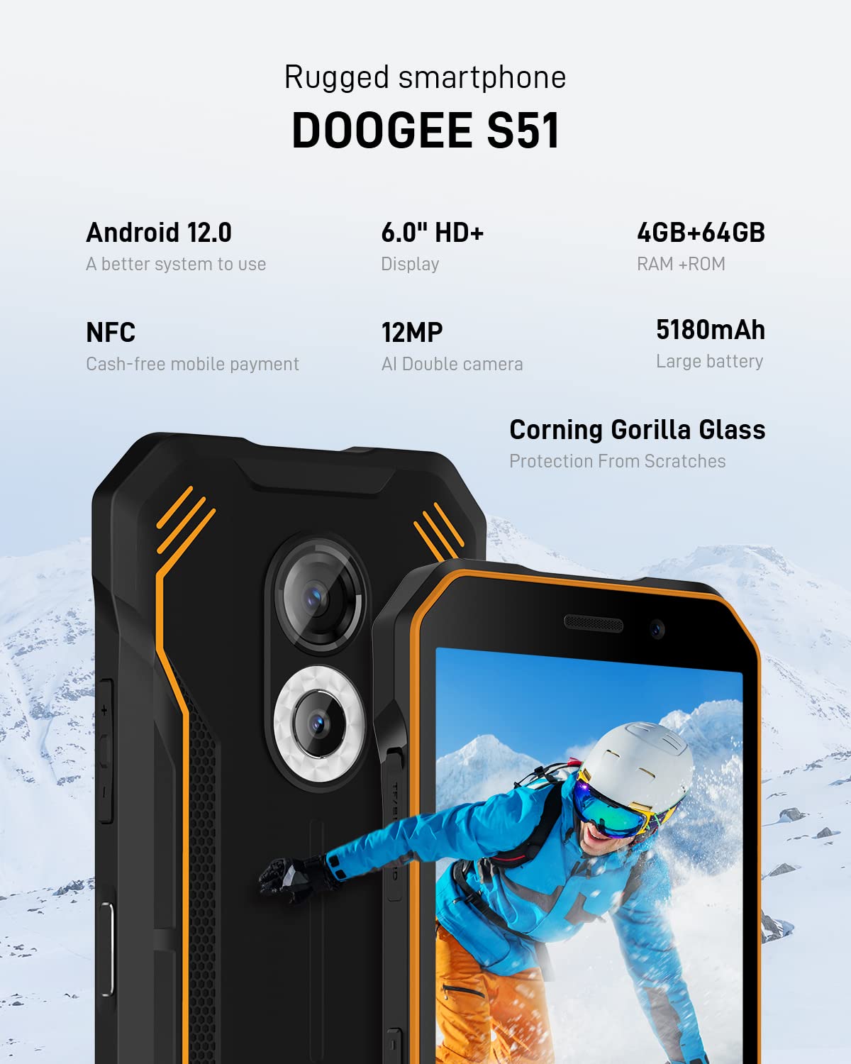 DOOGEE S51 Rugged Smartphone Unlocked Android 12, Helio G25 4GB+64GB 5180mAh Battery, Dual SIM 4G, 6.0" IPS HD, IP68 Waterproof IP69K Rugged Phone, NFC, AI Double Camera (12MP+2MP) 8MP Front Orange