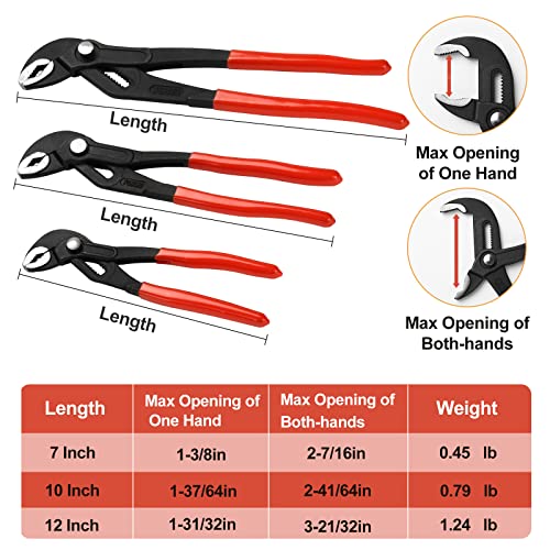 Kowsinde 3-Piece Groove Joint Pliers Set, Adjustable Water Pump Pliers, V-Jaw Tongue and Groove Pliers, 7-inch, 10-inch, 12-inch