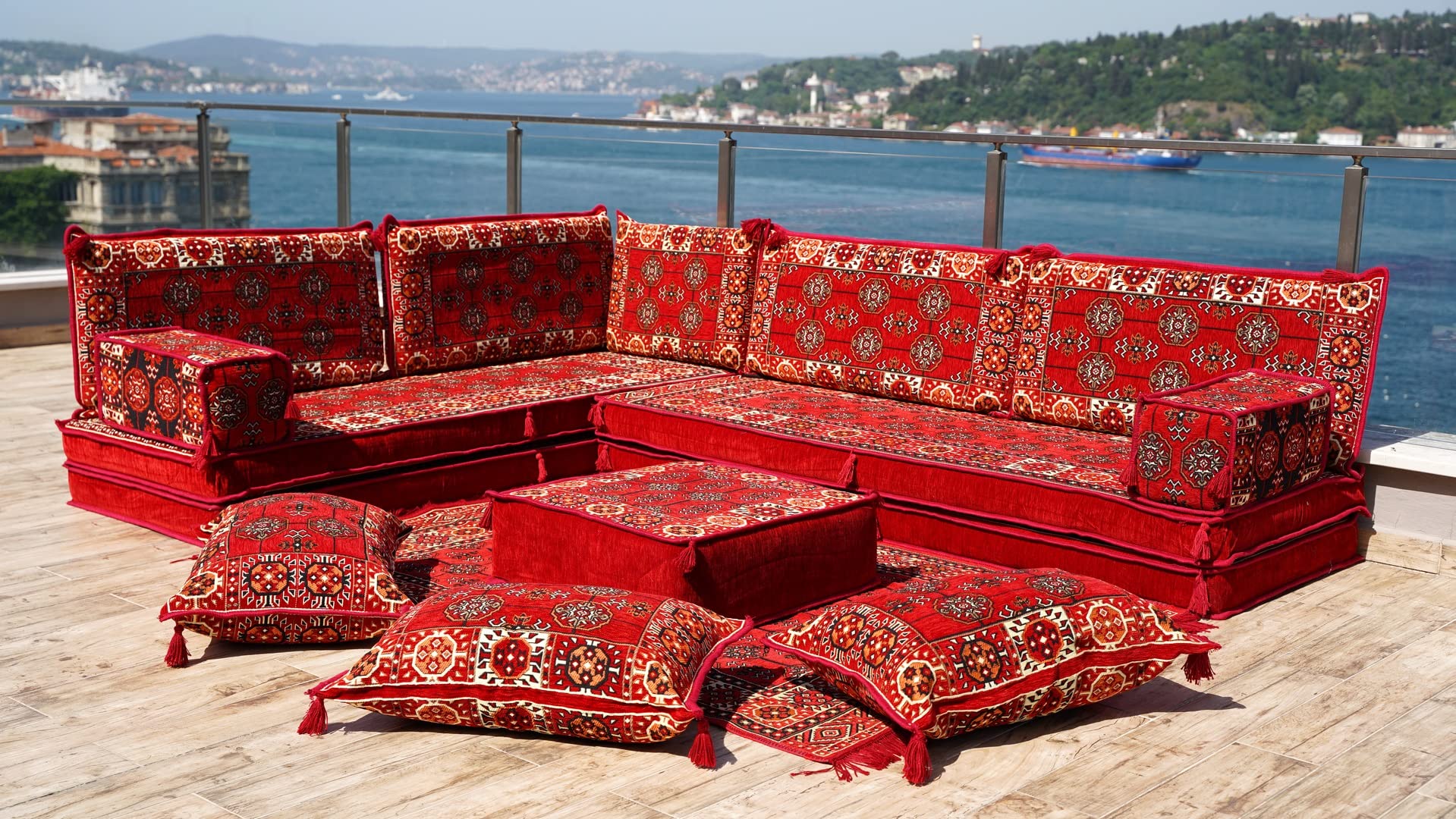 Red L Shaped Corner Arabic Sofa Seating, Arabic Majlis, Sectional Sofas, Moroccan Livingroom Home Decor, Turkish Floor Sofas (L Sofa Full Set)