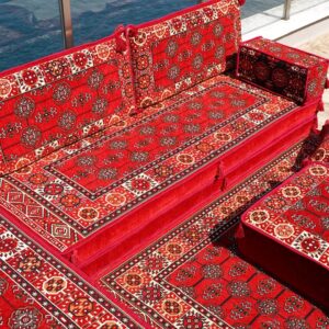 Red L Shaped Corner Arabic Sofa Seating, Arabic Majlis, Sectional Sofas, Moroccan Livingroom Home Decor, Turkish Floor Sofas (L Sofa Full Set)