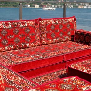 Red L Shaped Corner Arabic Sofa Seating, Arabic Majlis, Sectional Sofas, Moroccan Livingroom Home Decor, Turkish Floor Sofas (L Sofa Full Set)