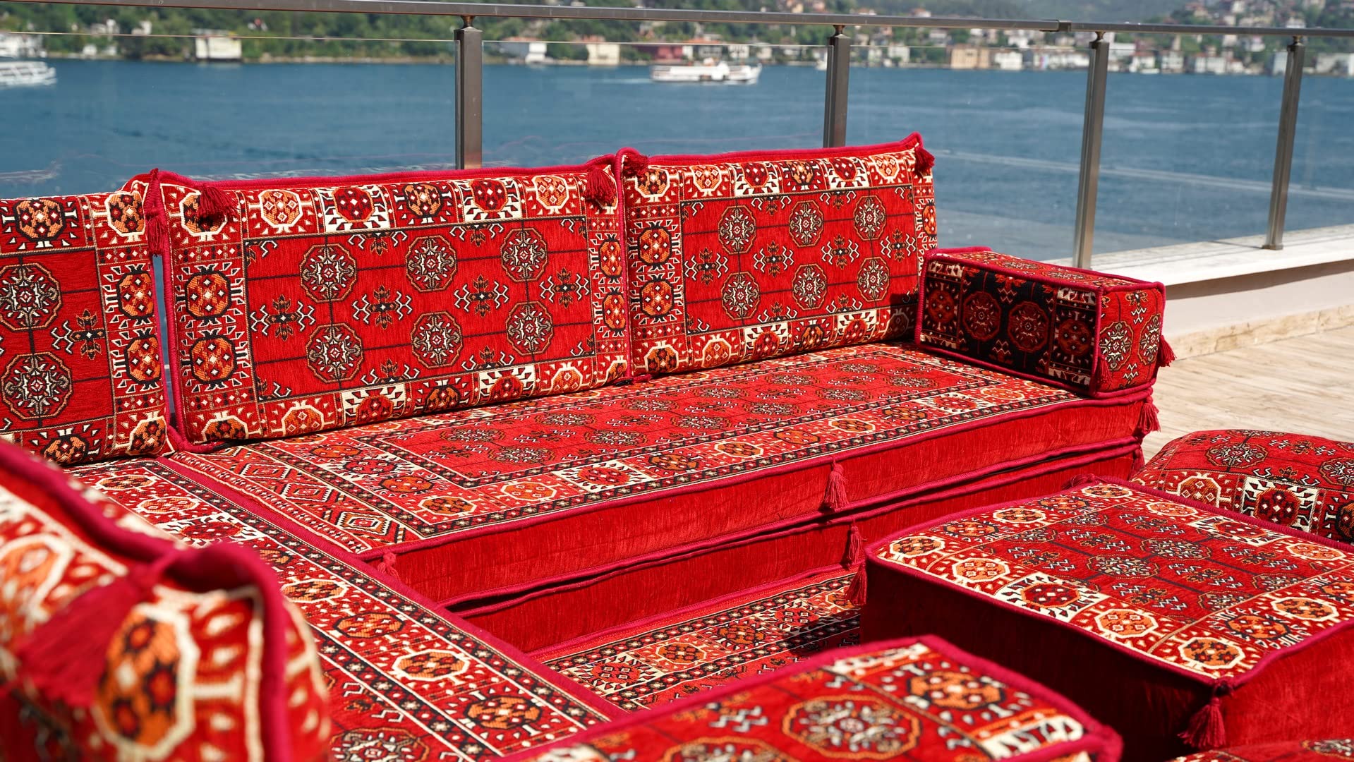 Red L Shaped Corner Arabic Sofa Seating, Arabic Majlis, Sectional Sofas, Moroccan Livingroom Home Decor, Turkish Floor Sofas (L Sofa Full Set)