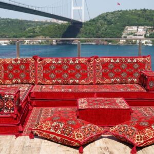 Red L Shaped Corner Arabic Sofa Seating, Arabic Majlis, Sectional Sofas, Moroccan Livingroom Home Decor, Turkish Floor Sofas (L Sofa Full Set)