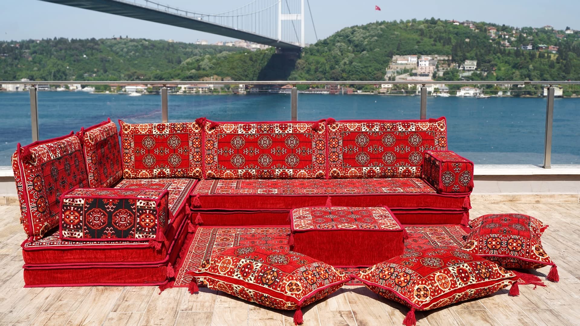 Red L Shaped Corner Arabic Sofa Seating, Arabic Majlis, Sectional Sofas, Moroccan Livingroom Home Decor, Turkish Floor Sofas (L Sofa Full Set)