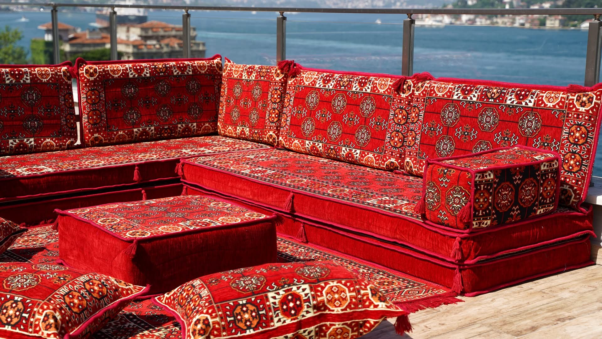 Red L Shaped Corner Arabic Sofa Seating, Arabic Majlis, Sectional Sofas, Moroccan Livingroom Home Decor, Turkish Floor Sofas (L Sofa Full Set)