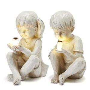 large garden children statues light up firefly jar solar powered | set of 2 figurines | girl & boy garden yard art décor, indoor & outdoor ornament gifts for lawn, patio, 7.5" w x11.8”h cream…