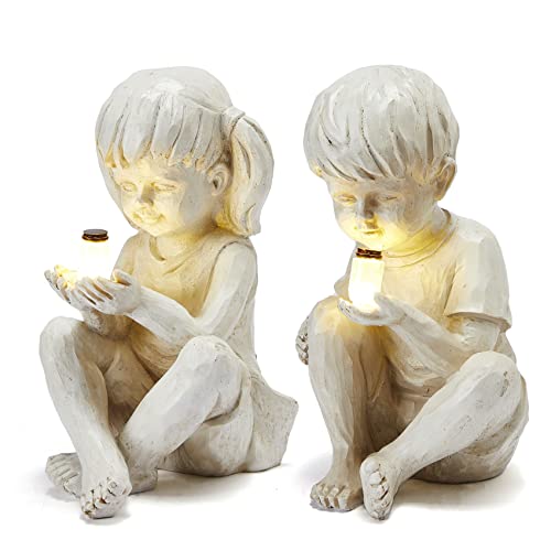 Large Garden Children Statues Light Up Firefly Jar Solar Powered | Set of 2 Figurines | Girl & Boy Garden Yard Art Décor, Indoor & Outdoor Ornament Gifts for Lawn, Patio, 7.5" W x11.8”H Cream…