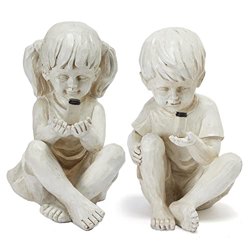 Large Garden Children Statues Light Up Firefly Jar Solar Powered | Set of 2 Figurines | Girl & Boy Garden Yard Art Décor, Indoor & Outdoor Ornament Gifts for Lawn, Patio, 7.5" W x11.8”H Cream…