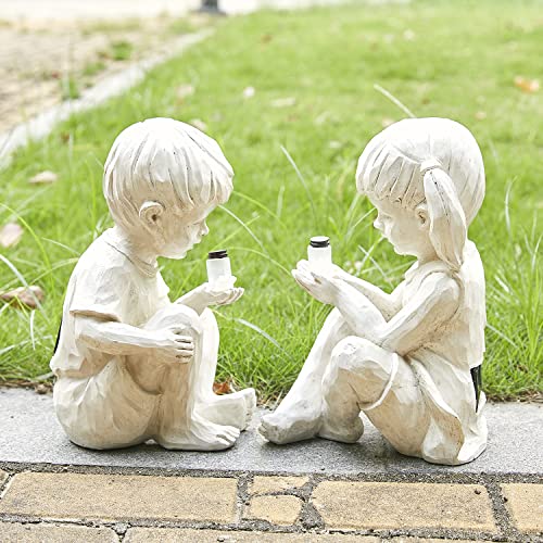 Large Garden Children Statues Light Up Firefly Jar Solar Powered | Set of 2 Figurines | Girl & Boy Garden Yard Art Décor, Indoor & Outdoor Ornament Gifts for Lawn, Patio, 7.5" W x11.8”H Cream…