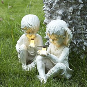 Large Garden Children Statues Light Up Firefly Jar Solar Powered | Set of 2 Figurines | Girl & Boy Garden Yard Art Décor, Indoor & Outdoor Ornament Gifts for Lawn, Patio, 7.5" W x11.8”H Cream…