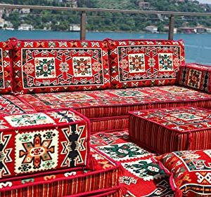 Corner Floor Seating, L Shaped Sofa Set,Turkish Sofa Set, Floor Couch, Oriental Floor Seating, Seating Sofa, Ethnic Sofa,Bohemian Furniture (L Sofa + Rug + Poufs)