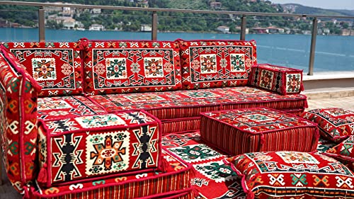 Corner Floor Seating, L Shaped Sofa Set,Turkish Sofa Set, Floor Couch, Oriental Floor Seating, Seating Sofa, Ethnic Sofa,Bohemian Furniture (L Sofa + Rug + Poufs)